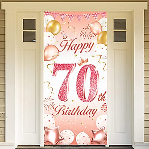 DPKOW Rose Gold 70th Birthday Party Decoration for Woman, Rose Gold 70th Birthday Banner for Backdrop Door Decoration,70th Birthday Background Banner for Garden Wall Decoration, 185 x 90cm Fabric