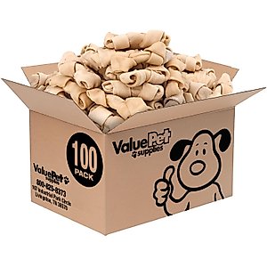 ValueBull USA Rawhide Dog Bones, Premium Thick Cut, 4 Inch, Natural Flavor, 100 Count Bulk Pack - Natural & Safe, USA Beef Hide, Long Lasting, Chemical Free, No Artificial Flavors