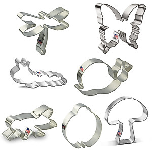 Foose Cookie Cutter 7 Piece Insect 3.5 in Dragonfly, 4.25 in Caterpillar, 3 in Ladybug, 4.5 in Butterfly, 3.5 in Grasshopper, 4.25 in Snail, 3.25 in Mushroom - USA Made