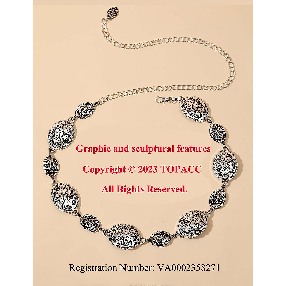 TOPACC Western Metal Oval Concho Chain Belt for Women Silver Cowgirl Belt for Dresses Jeans Country Concert Outfit