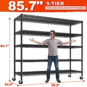 REIBII 85.7"H Storage Shelves 3200LBS 5 Tier Wire Shelving Unit with Wheels 55.5" W Heavy Duty Shelving Rack Adjustable Metal Shelves for Kitchen Pantry College Dorm School 85.7"H X 55.5"W X 24.2"D