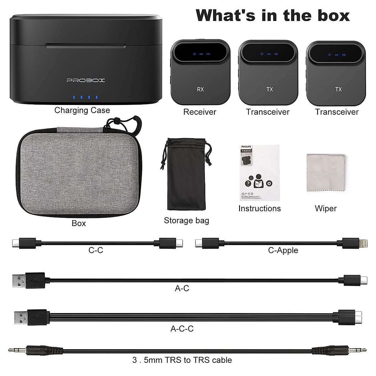 Probox BT08 Wireless Lavalier Microphone with Noise Cancellation, 650ft Transmission Range, 20H Battery Life, Compact All-in-One Lapel Microphone System for DSLR Camera/iPhone/Android/PC/Streaming