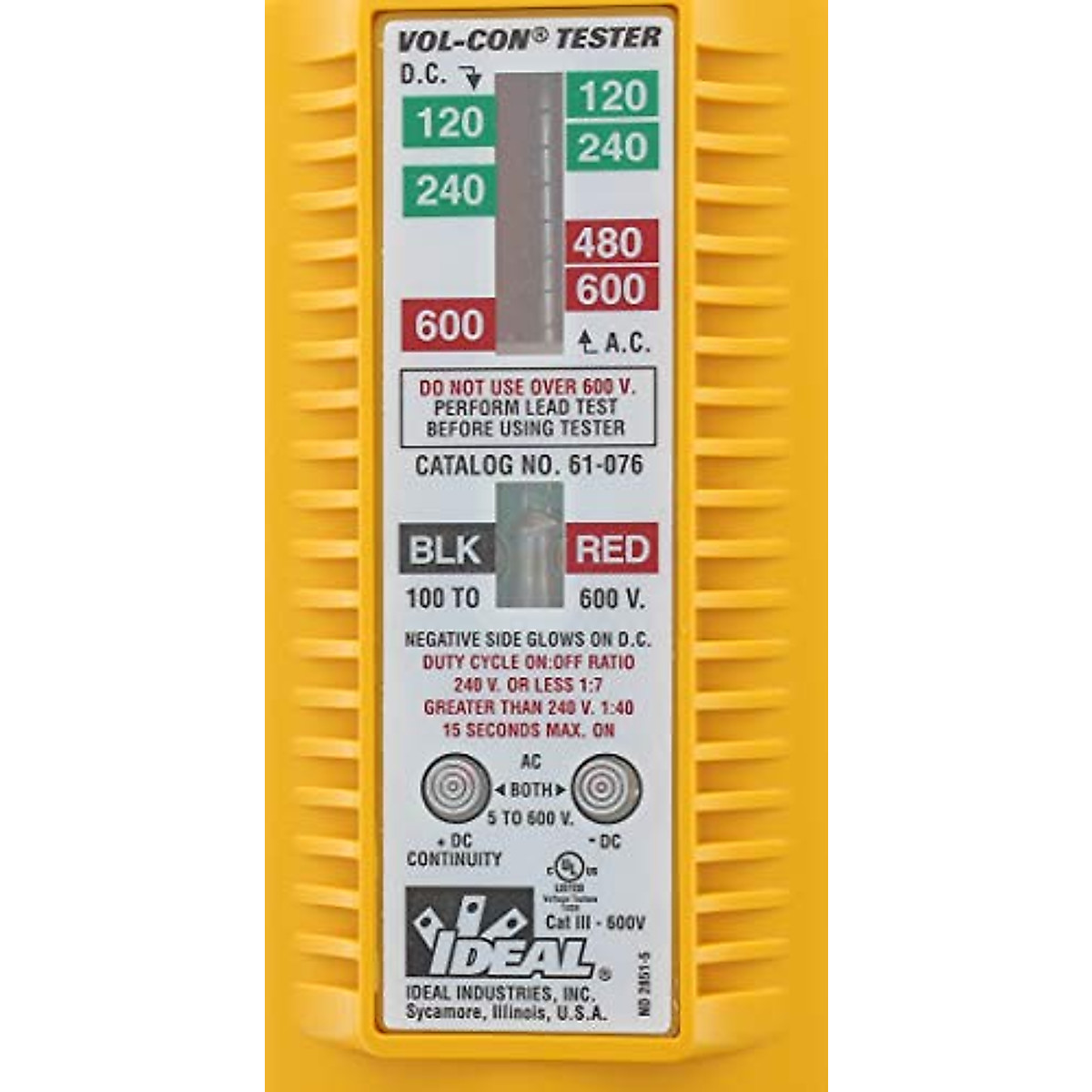 IDEAL INDUSTRIES INC. 61-076 Vol-Con Solenoid Voltage Tester with Vibration Mode, AC/DC Voltage Level Testing, CATIII for 600v, Yellow