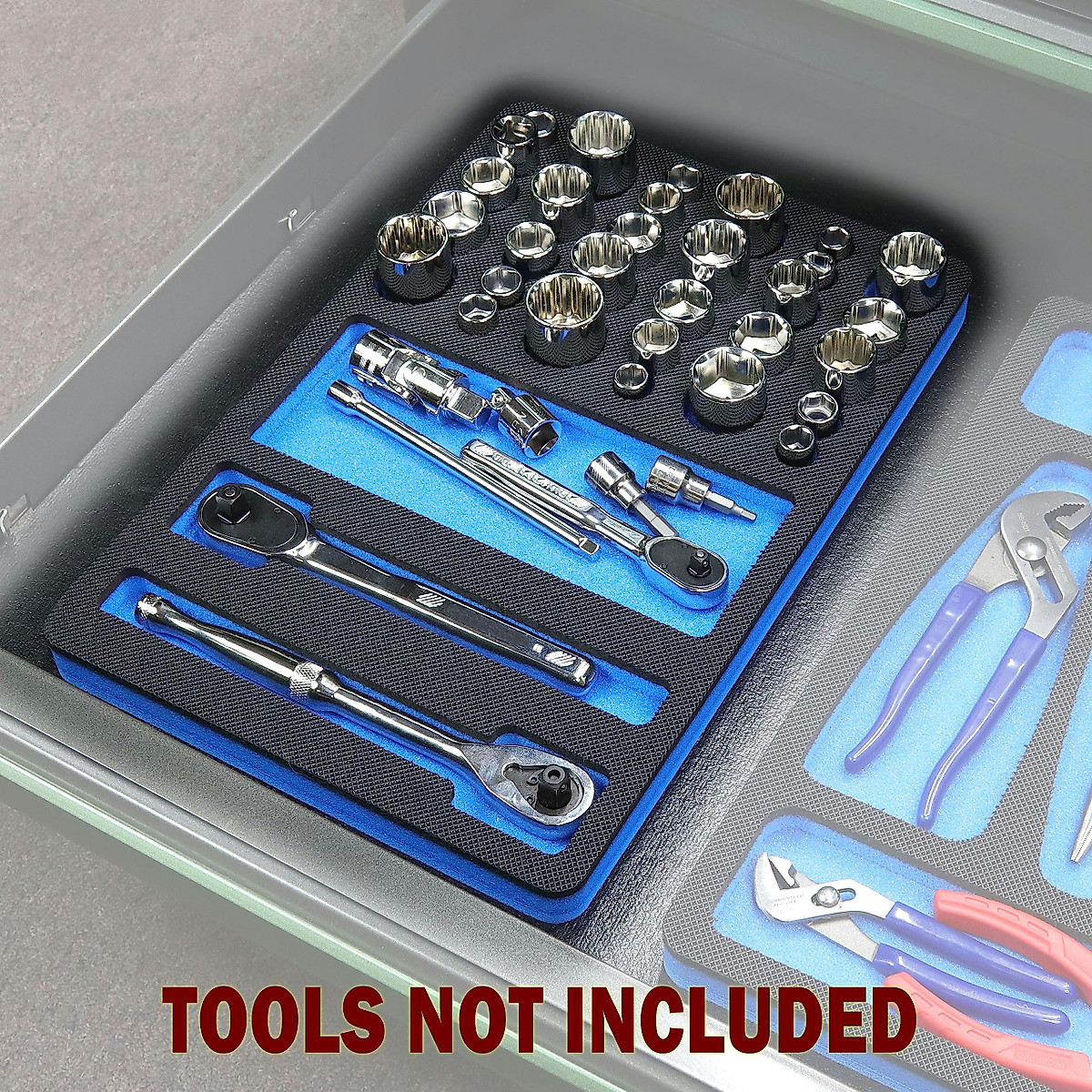 Polar Whale Tool Drawer Organizer Socket Holder Insert Blue and Black Durable Foam Strong Tray 15 x 10 Inches Holds 30 Sockets and More Fits Craftsman Husky Kobalt Milwaukee and Many Others
