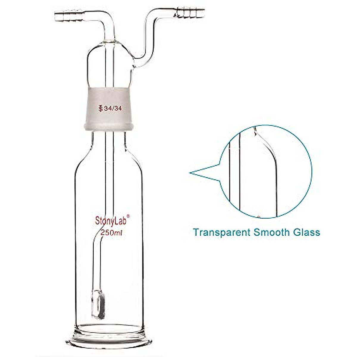 stonylab Gas Washing Bottle, Borosilicate Glass 34/34 Stopper Gas Bubbler Gas Washing Bottle with Fritted Disc and 8 mm OD Inlet/Outlet Hoses, 250 ml