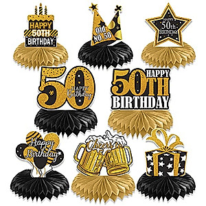 50th Birthday Decorations Honeycomb Centerpieces for Men Women, 8Pcs Black Gold Happy 50 Birthday Honeycomb Table Party Supplies, Fifty Birthday Cheers to 50 Years 50th Birthday Decor, Vicycaty