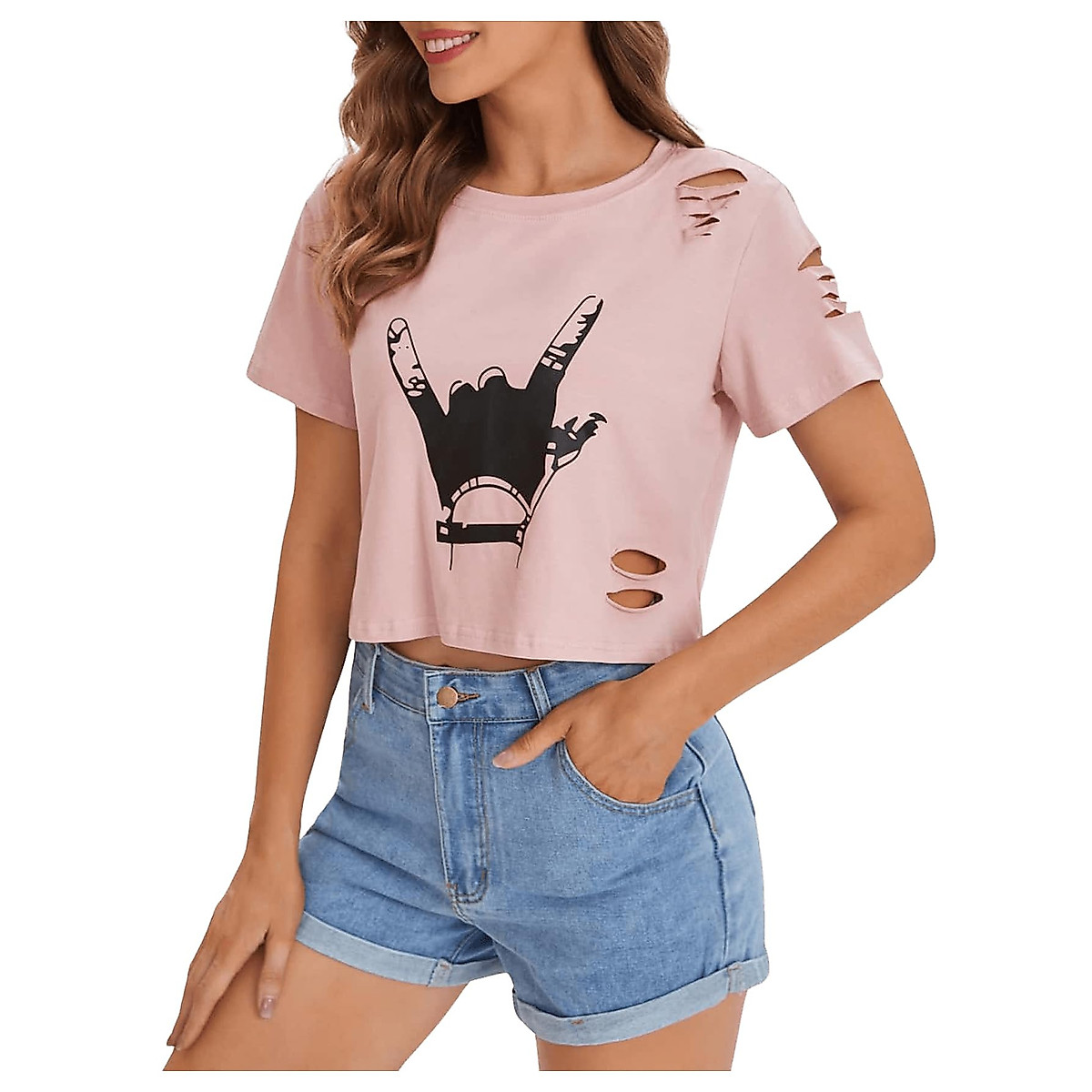 SweatyRocks Women's Short Sleeve T Shirt Graphic Print Distressed Crop Top Gesture Light Pink Small