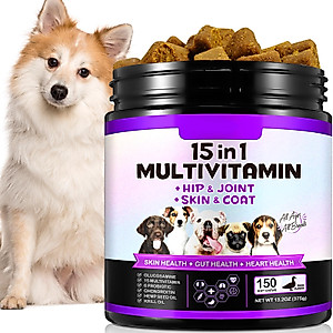 15-in-1 Dog Multivitamin Supplements with Glucosamine & Probiotics，Natural Daily Vitamins Chews for Dogs,Pet Health Support-Skin-Immunity-Gut Digestion-Joint-Heart,150 Pcs-Duck Flavor