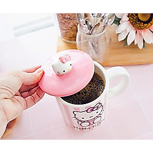 Toynk Hello Kitty Pink Stripes Ceramic Mug With Lid | Holds 18 Ounces