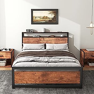 Queen Bed Frame, Osfvolr Industrial Metal Platform Bed Frame with 2 Tier Storage Wooden Headboard and Footboard, Large Under Bed Storage, Noise Free, No Box Spring Needed, Easy Assembly, Vintage Brown