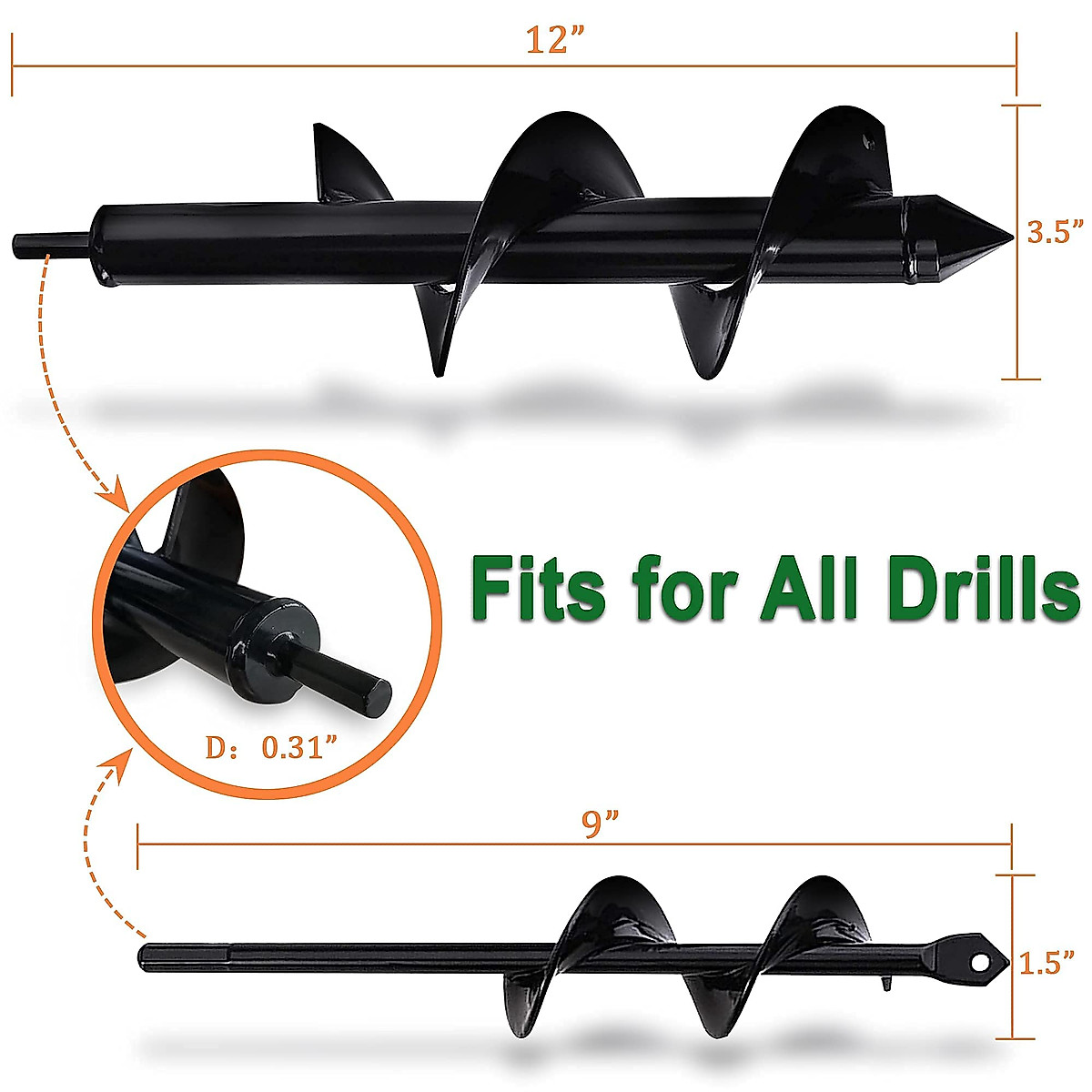 Auger Drill bit Set 3.5x12& 9x1.5 Inch Auger Drill Bit for Planting Garden Auger Spiral Drill Bit for 3/8”Hex Driver Drill Bulb & Bedding Garden Drill Planter with Gardening Gloves