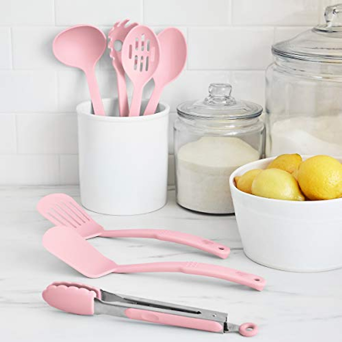 GreenLife Cooking Tools and Utensils, 7 Piece Nylon Set including Spatulas Turner Spoons and Tongs, Heat Resistant Spatula and Spoons, BPA-Free, Pink