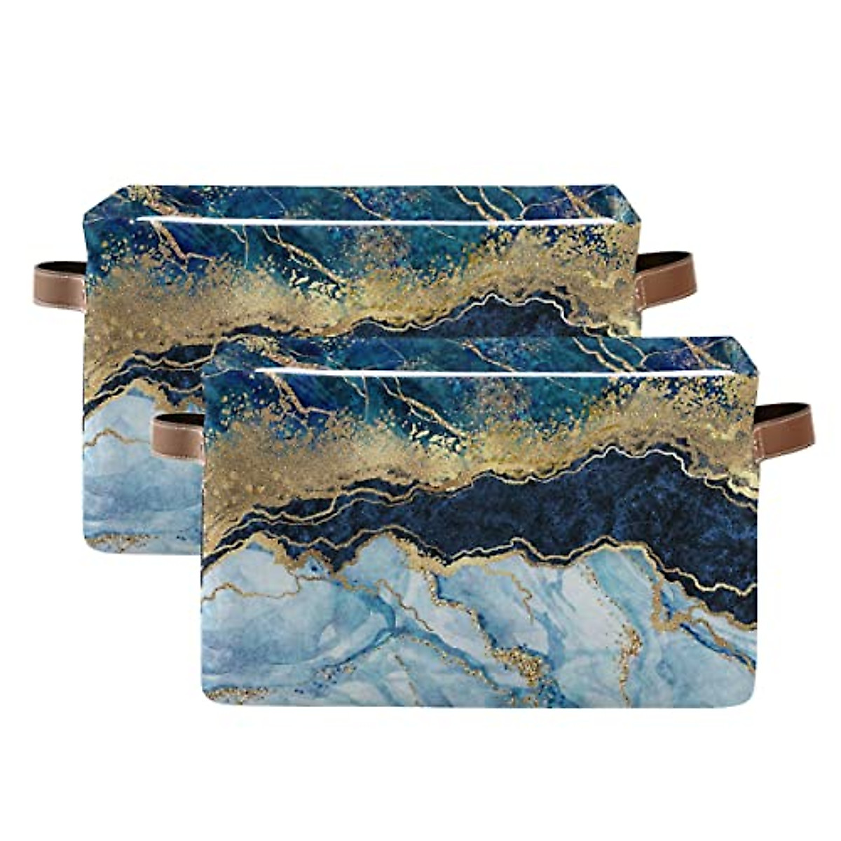 Blue Gold Marble Abstract Modern Square Storage Basket Storage Bins Canvas Storage Organizer Closet Shelf Organizer for Home Office, 2 Pc