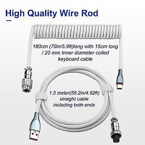 UCINNOVATE Coiled Keyboard Cable, Pro Custom Coiled USB C Cable for Gaming Keyboard, Double-Sleeved Mechanical Keyboard Cable with Detachable Metal Aviator, 1.8M USB-C to USB-A (White)