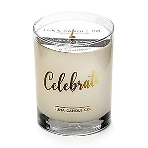 LUNA CANDLE CO. Vanilla Scented Jar Candle in 11oz. Clear Glass, Single Wick, Soy Wax, Up to 110 Hours of Burn Time, Great Gift for Home, Wedding, Birthday, Spa- Celebrate