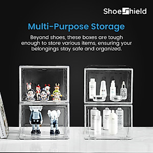 ShoeShield Ultra All Clear Shoe Boxes Plastic Stackable Professional Grade Shoe Display Case with Magnetic Front Drop Door Open Easy Assembly Modern Shoe Sneaker Display Case Fits US Size 14