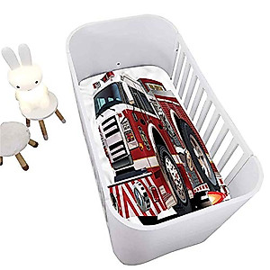 LCGGDB Fire Truck Crib Fitted Sheet,Rescue Department Car Breathable Cozy Baby Sheet for Standard Crib and Toddler mattresses Nursery Bedding Sheet Crib Mattress Sheets for Boys and Girls,28" x 52"