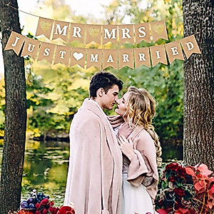 2 Pieces Mr and Mrs Banner Just Married Banner Burlap Wedding Bridal Shower Banner Rustic Bunting Garland for Wedding Party