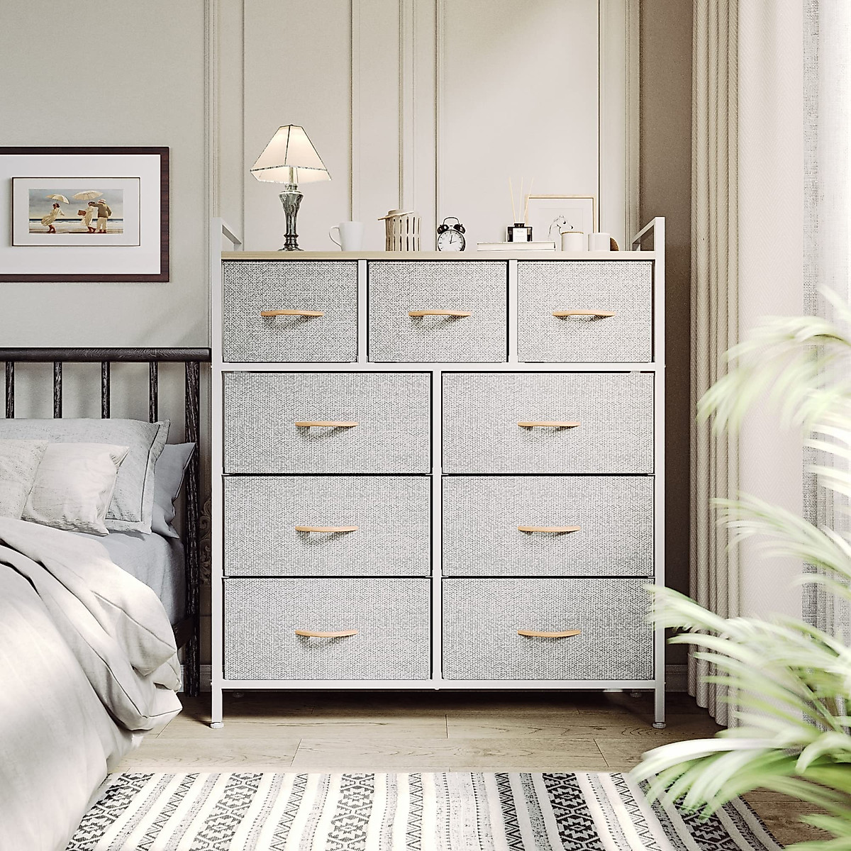 YITAHOME 9-Drawer Fabric Dresser, Furniture Storage Tower Cabinet, Organizer for Bedroom, Living Room, Hallway, Closet & Nursery, Sturdy Steel Frame, Wooden Top, Easy-to-Pull Fabric Bins(Light Grey)