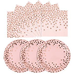 CENLBJ Pink and Rose Gold Paper Plates- 100 Pack- 50 x 7 Dinner Plates & 50 x 6.5 Napkins, Pink Paper Plates and Napkins Party Supplies for Baby Showers, Birthdays and All Occasions