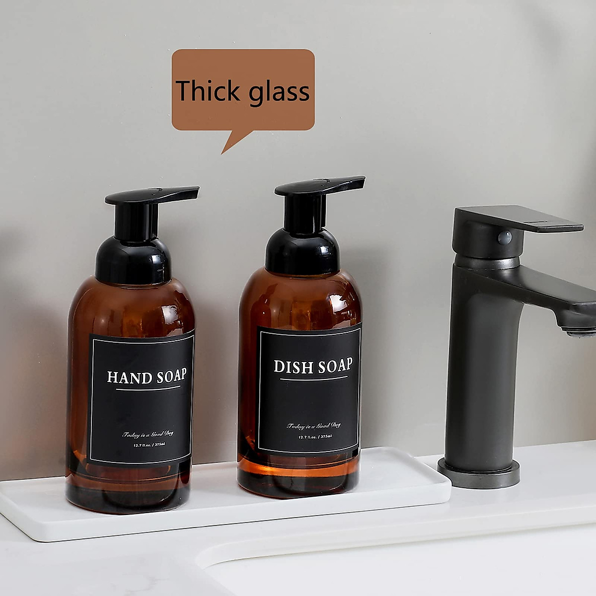 rejomiik 2 Pack Foaming Soap Dispenser Thick Glass Foam Hand Soap Dispenser for Bathroom or Kitchen Sink, 13 oz Pump Bottles for Hand soap, Body Wash, Clear Amber