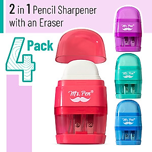 Mr. Pen- Pencil Sharpener & Eraser, 4 Pack, Colorful, 2 Sharpening Holes, Pencil Sharpeners Manual, Manual Pencil Sharpener, Pencils Sharpener, Handheld Pencil Sharpener, Small Pencil Sharpener