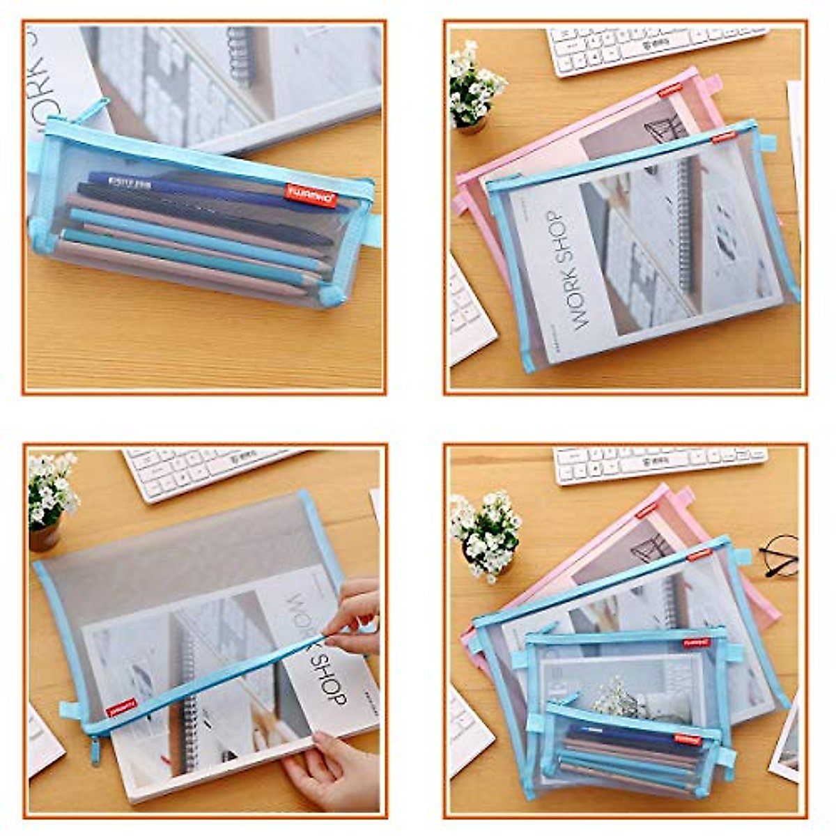 Desktop Calculator and 5pcs Mesh Zipper Pouch Bundle, 12-Digit Battery Solar Powered LCD Display Big Button Calculator, A4 A5 A6 Lightweight Nylon File Folders Document Organizer Cosmetic Bags