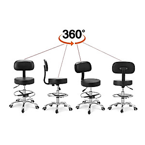 Kaleurrier Rolling Swivel Adjustable Heavy Duty Drafting Stool Chair for Salon,Medical,Office and Home uses,with Wheels and Back (Black with Footrest)