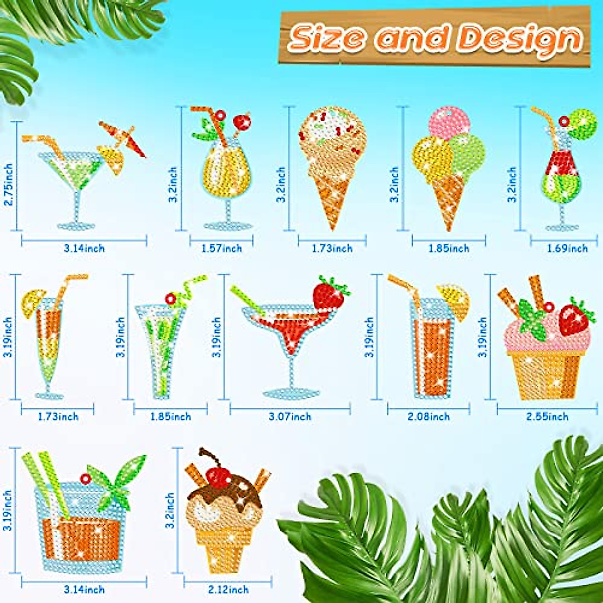 12 Pcs Diamond Painting Keychain Kits Double Sided Diamond Painting Key Rings Full Diamond Art Keychain Summer DIY Diamond Art Ornaments for Adults Kids Purse Backpack Handbag(Cocktail, Ice Cream)