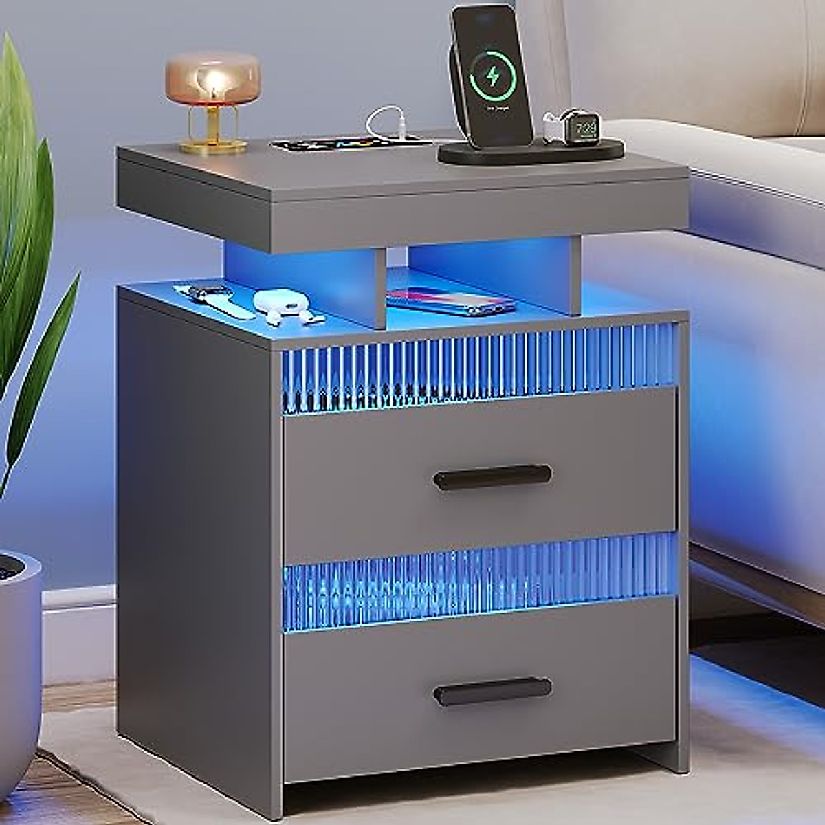 Dystler Nightstand with Charging Station and LED Lights All In One Night Stand with Drawers Bedside Table with USB Port & Outlets and Human Sensor Design Modern End Table for Bedroom Livingroom Office