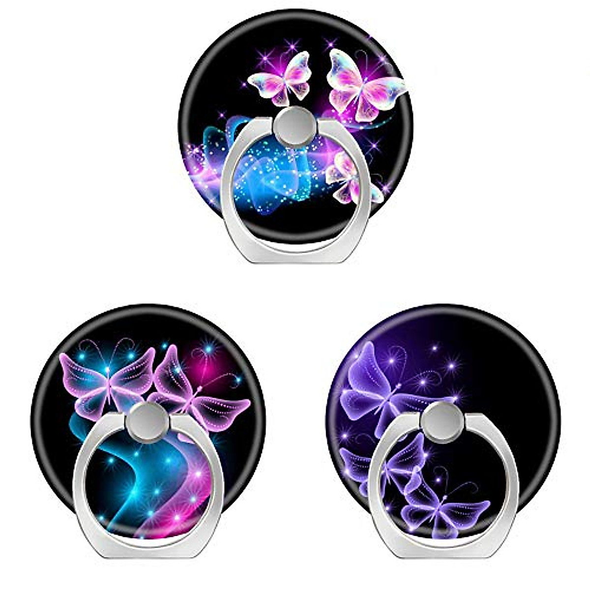 Cell Phone Finger Ring Holder Stand with Car Mount for Smartphone and Tablet，Kickstand 360 Rotation Grip Stand - Galaxy Purple Glitter Pink Butterfly