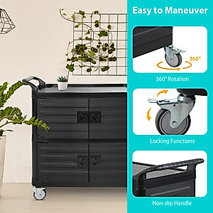 3-Tier Service Utility Carts on Wheels, Mobile Kitchen Cart with Handle & Storage Cabinet, Portable Rolling Cart for Home Hotel Restaurant (Black)