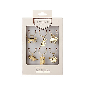 Twine Cat Lovers Wine Charms with Six Unique Designs, Drink Markers for Stemware, Gold