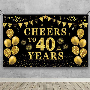 Trgowaul 40th Birthday Decorations for Women Men, Cheers to 40 Years Banner, Black and Gold 40th Birthday Backdrop, 40th Wedding Anniversary Decorations Party Banner Photography Supplies Background