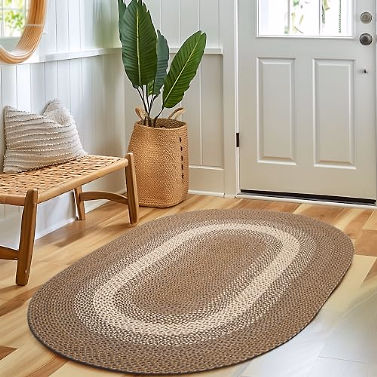 Super Area Rugs Brown Braided Rug for Kitchen/Dining Room, Taupe Gray Indoor Outdoor Braided Rug for Patio/Porch 4' x 6' Oval