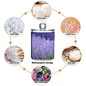 Kigai 2 Pack Purple Lavenders Qtip Holder Dispenser for Cotton Ball, Cotton Swab, Cotton Round Pads, Floss -Clear Plastic Apothecary Jar Set for Bathroom Canister Storage Organization