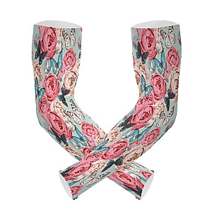 WELLDAY Peony Flower Butterfly Gardening Sleeves with Thumb Hole UV Sun Protection Farm Sleeves for Women Men