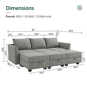HONBAY Modular Sectional Sleeper Sofa with Storage 6 Piece Modular Sectional Couch Reversible Sleeper Sectional Couch for Living Room, Grey