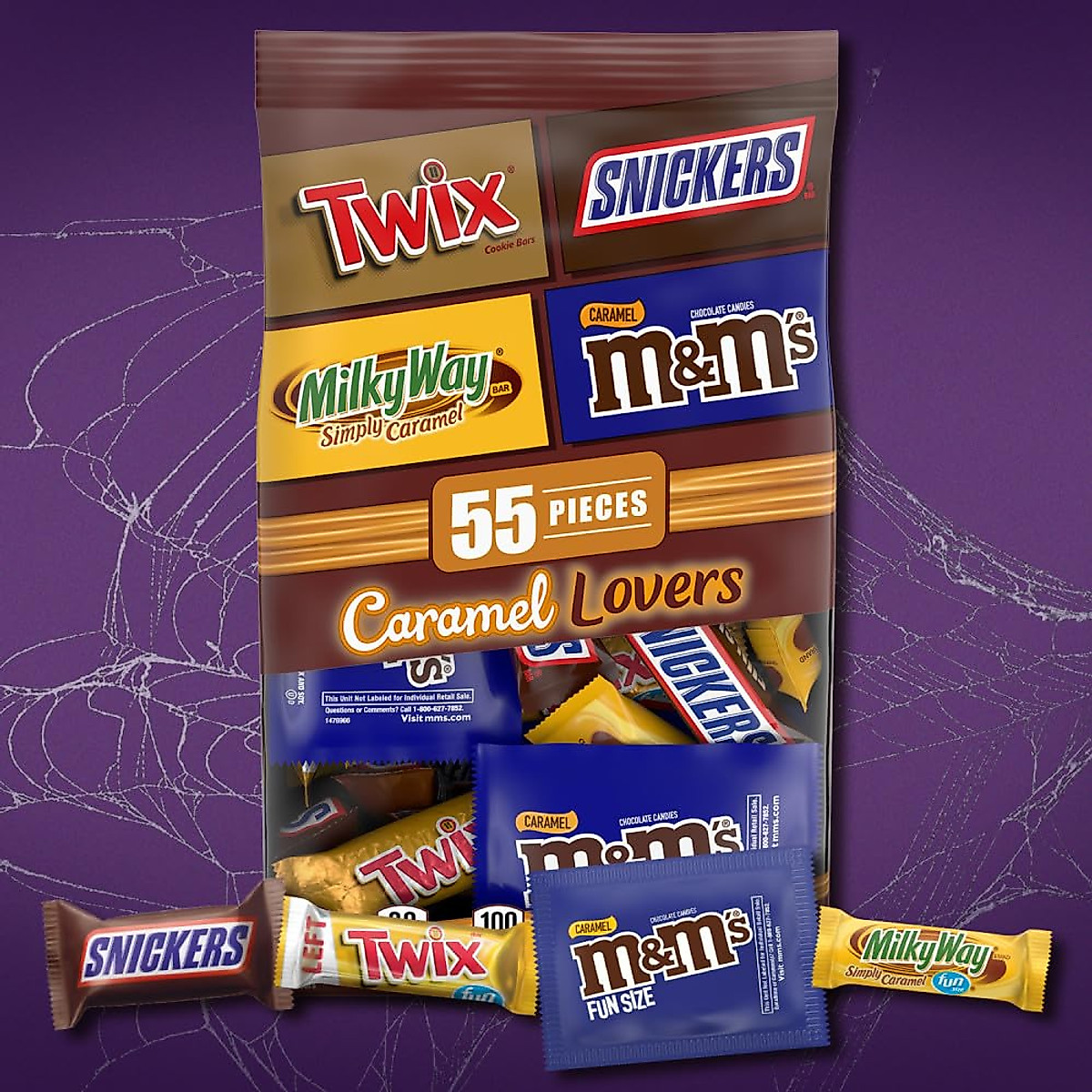 Mars SNICKERS, M&M'S Caramel, TWIX & MILKY WAY Caramel Variety Pack Fun Size Caramel Chocolate Candy Bar Assortment (33.43oz, 55 pieces) Bag