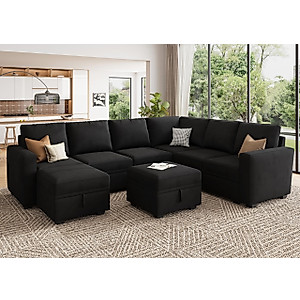 HONBAY Modular Sectional Couch with Storage, Velvet U-Shaped Sectional Sofa with Storage Ottoman Convertible U-Shaped Sofa for Living Room, Black