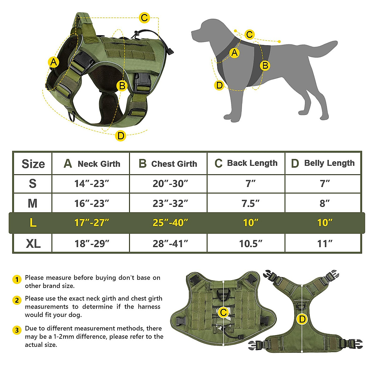 WINGOIN Tactical Dog Harness for Large Dogs, Heavy Duty No Pull Dog Harness with Handle, Adjustable Reflective Military K9 German Shepherd Big Size Dog Vest for Training, Walking, Hiking, Green (L)