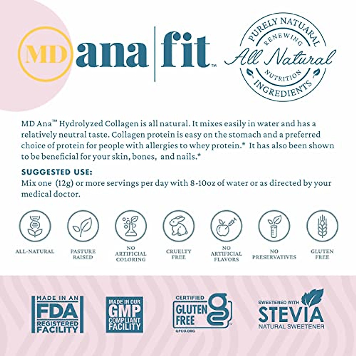 MD Ana Fit - Grass-Fed Hydrolyzed Collagen Peptides Powder, Non-GMO Dairy, Hormone Free & Gluten Free, Pasture Raised, Cherry, 30 Stick Packs (360g)