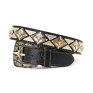 West Star Texas Genuine Leather Belt with Longhorn Buckle Gold and Silver -806A Longhorn BK XL Floral