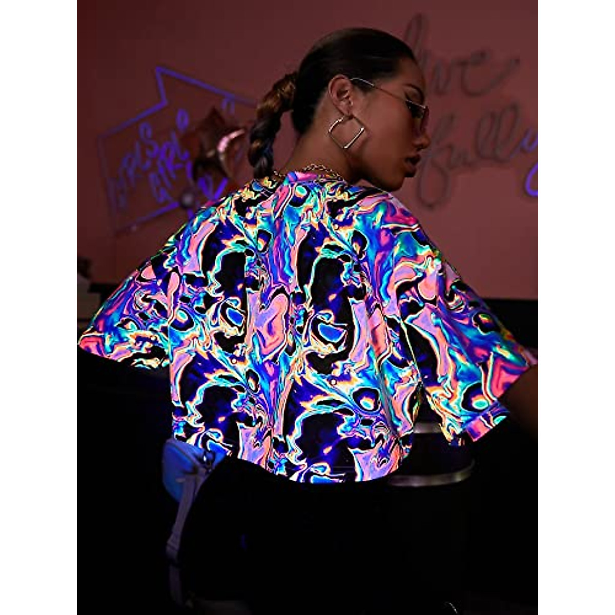 Floerns Women's Casual Reflective Short Sleeve Round Neck Crop Tops T Shirts Multi XXL