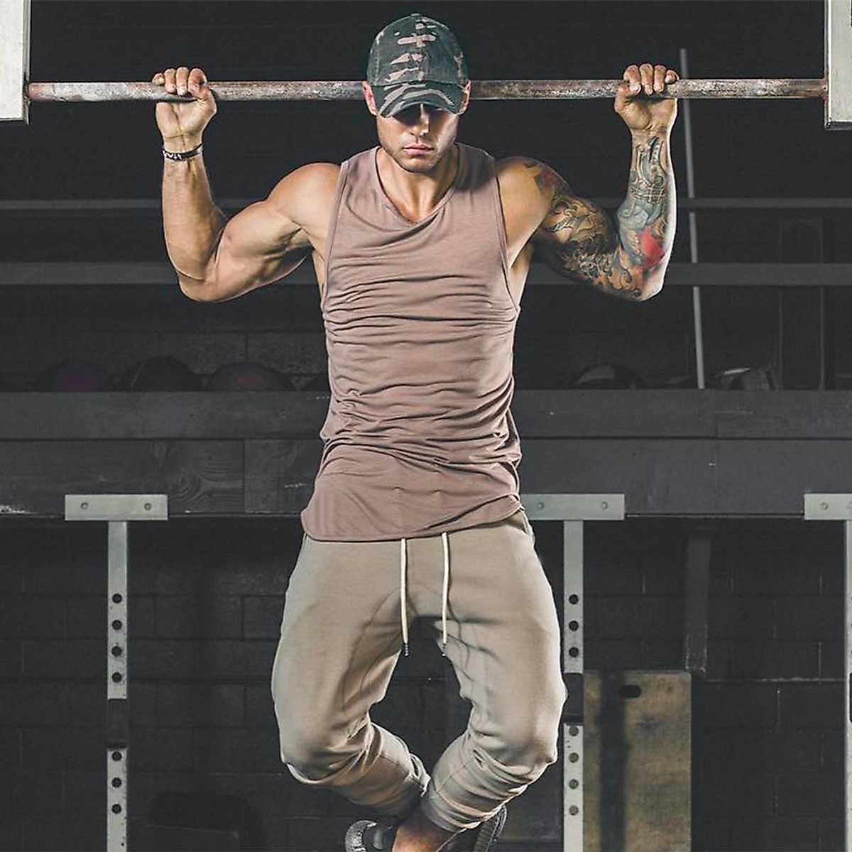 Magiftbox Mens Extended Scoop Workout Stringer Tank Tops Gym Shirts for Men Black/Khaki T05_Khaki_US-M