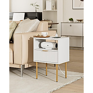 AEPOALUA Nightstand with Charging Station,Small Bedside Table with Gold Frame,White Night Stand,Bedside Furniture,Side Table with Drawer and Shelf for Bedroom,Living Room,Stripe