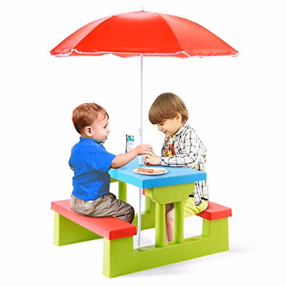 HONEY JOY Kids Picnic Table, Toddler Plastic Outdoor Table & Bench Set with Umbrella, Children Patio Furniture Set for Backyard Garden, Kids Picnic Tables for Outdoors, Gift for Boys Girls Age 3+
