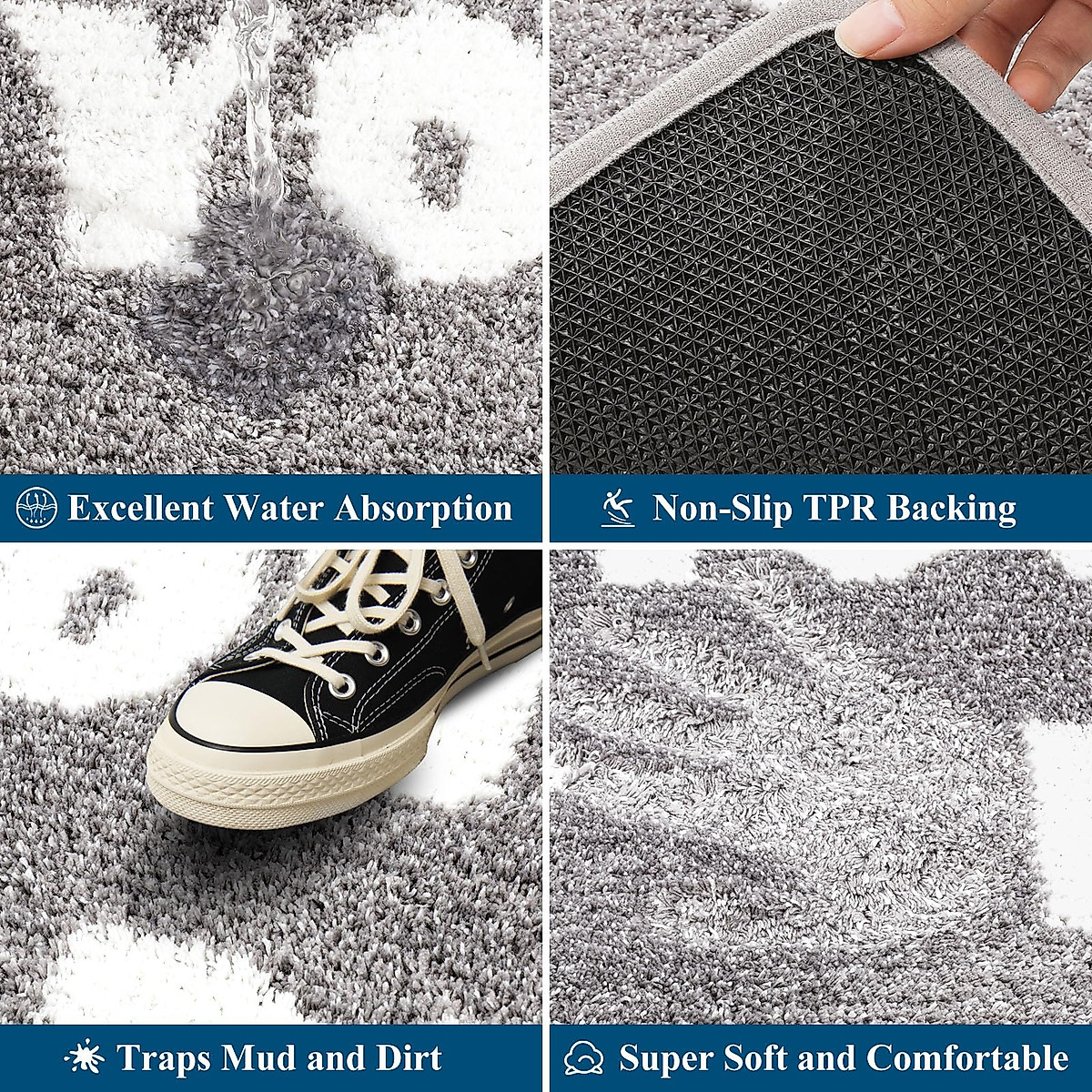 Vaukki Indoor Doormat Entryway Door Mat, Non Slip Absorbent Mud Trapper Mats, Low-Profile Inside Floor Mats, Soft Washable Small Mats Door Carpet for Entryway（Grey and White, 36''x59''）