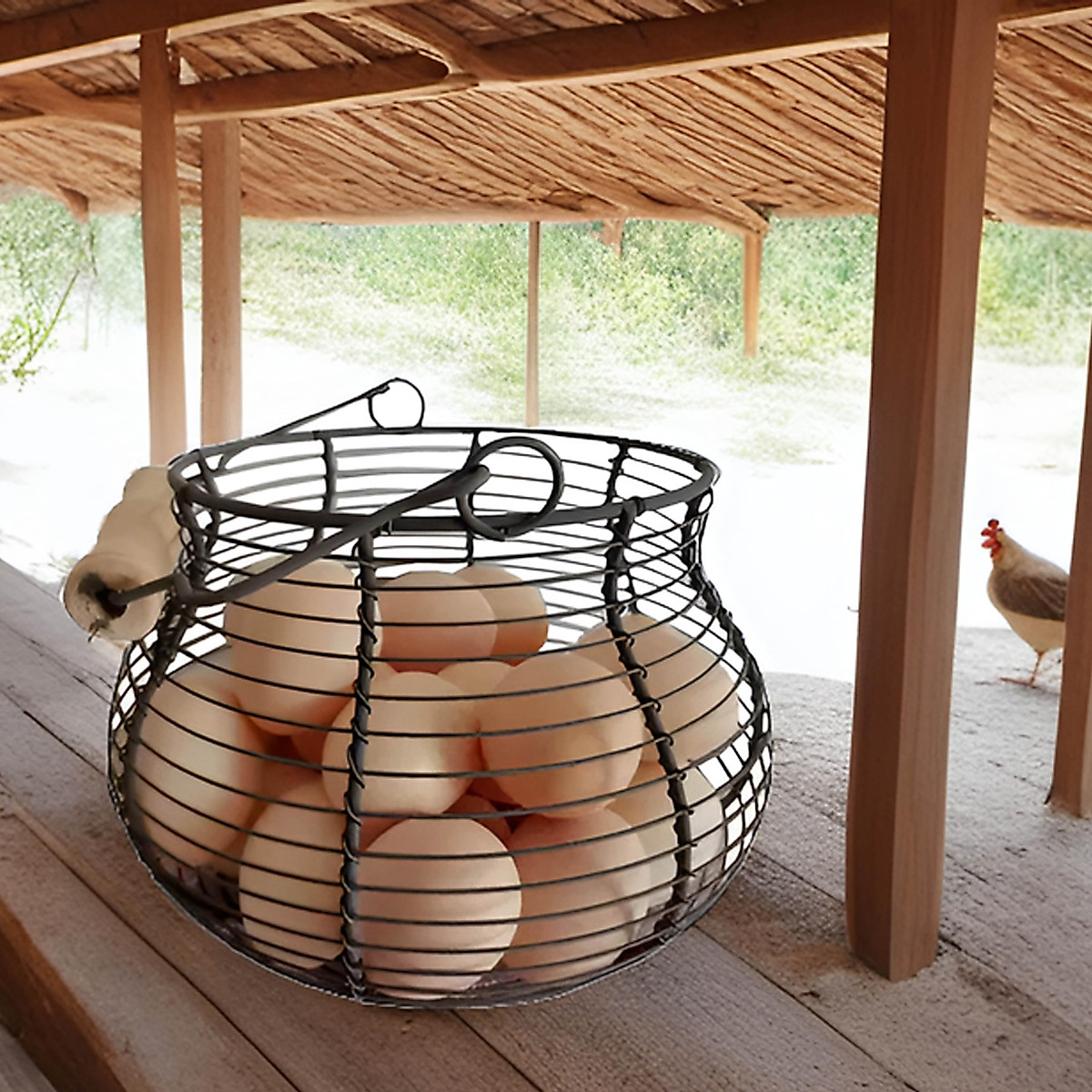 Metal Wire Egg Baskets for Collect Fresh Egg Baskets Countertop Holder, LINCOUNTRY Rustic Round Small Chicken Basket Gathering Fresh Egg With Handle,Country Primitive Farmhouse Vintage Storage Kid