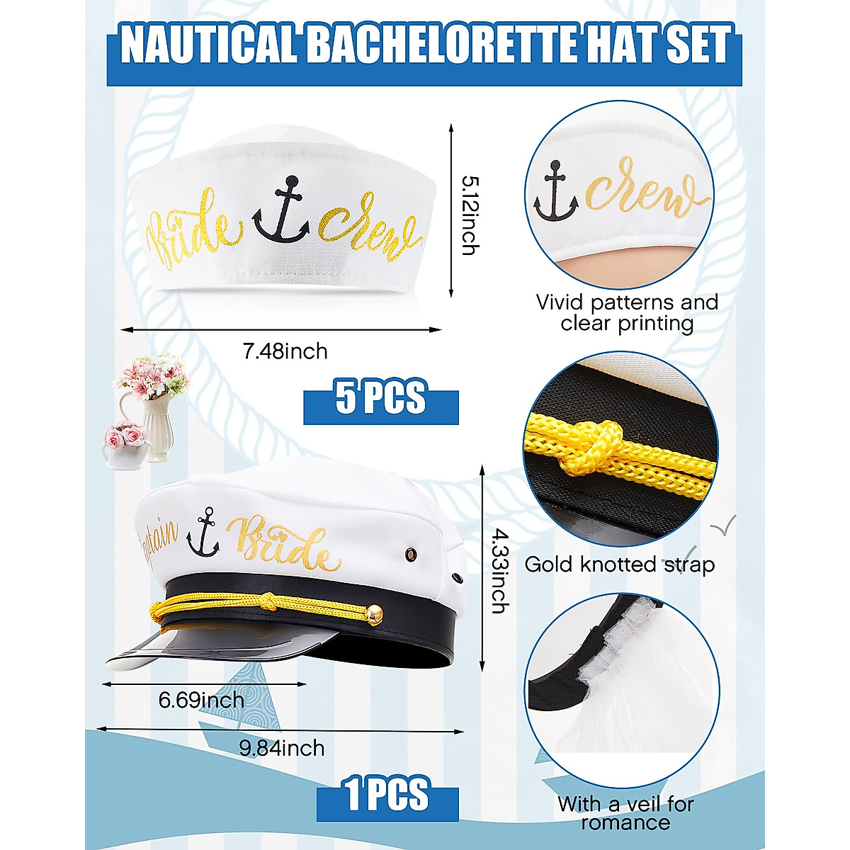 6 Sets Nautical Bridal Shower Hat Set - Women's Bride Captain Hat with Veil, Crew Sailor Hat, Fanny Pack, Heart Sunglasses for Bachelorette Party Boat Supplies
